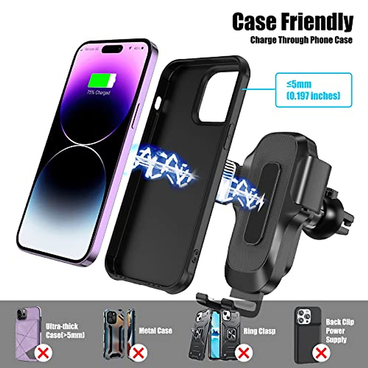 Wireless Car Charger, Amlink 15W Max Qi Fast Charging, Auto-Clamping Alignment Car Phone Holder Mount, Air Vent Wireless Charging for iPhone 14 13 12 11 Pro Max, Samsung Galaxy S22 S21 S20+, etc
