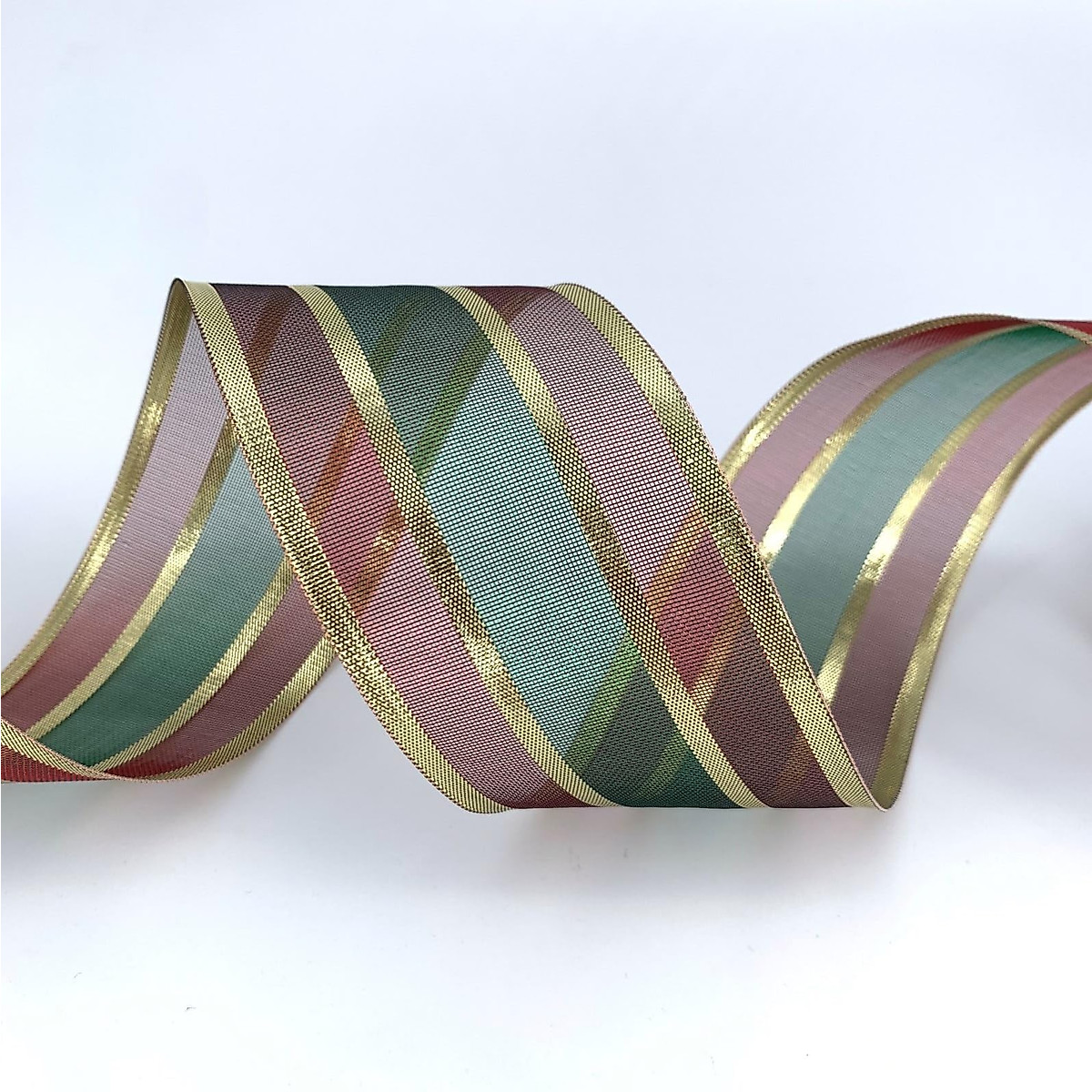 XMRIBBON Metallic Christmas Wired Ribbon Gold Red Green Striped Ribbon - 2 1/2" x 10 Meters,for Gift Wrapping, Tree Topper, Garland, Wreath