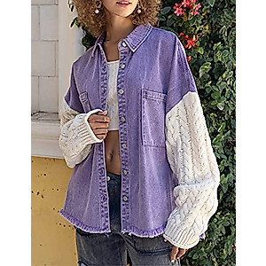 ChiyeeKiss Women's Oversized Patchwork Jean Jacket Distressed Fringed Hem Denim Jacket Sweater Long Sleeves Shacket Jacket(0028-LightPurple-M)