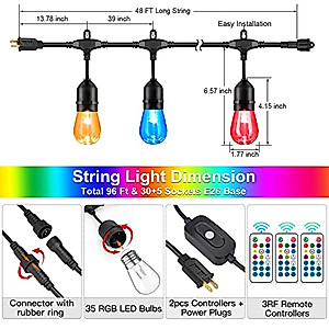 SHINE HAI 2-Pack 48FT Outdoor RGB String Lights, Cafe LED String Light with 30+5 Shatterproof Edison Bulb Dimmable, Commercial Light String for Patio Backyard Christmas Party, 2 Remote, 96FT