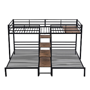 Polibi L-Shaped Twin Size Metal Triple Bunk Bed with Storage Shelves Staircase, Twin Over Twin & Twin Triple Bunk Beds, Black