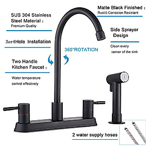 IKEBANA Black Kitchen Faucet,2 Handle Kitchen Sink Faucet with Side Sprayer Matte Black,3 or 4 Hole Lead-Free 360 Swivel Stainless Steel Commercial Kitchen Faucet for Rv Laundry Farmhouse Kitchen Sink