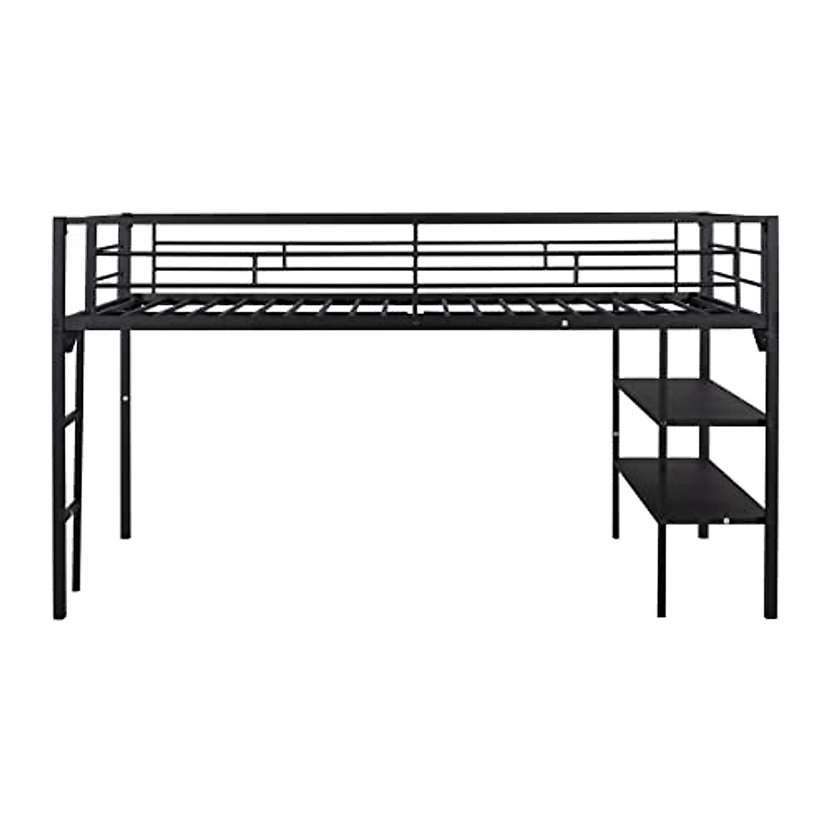 Epinki Low Loft Bed with Storage Shelves, Black, Steel, Bed Frame, Kids Bed, Easy Assembly