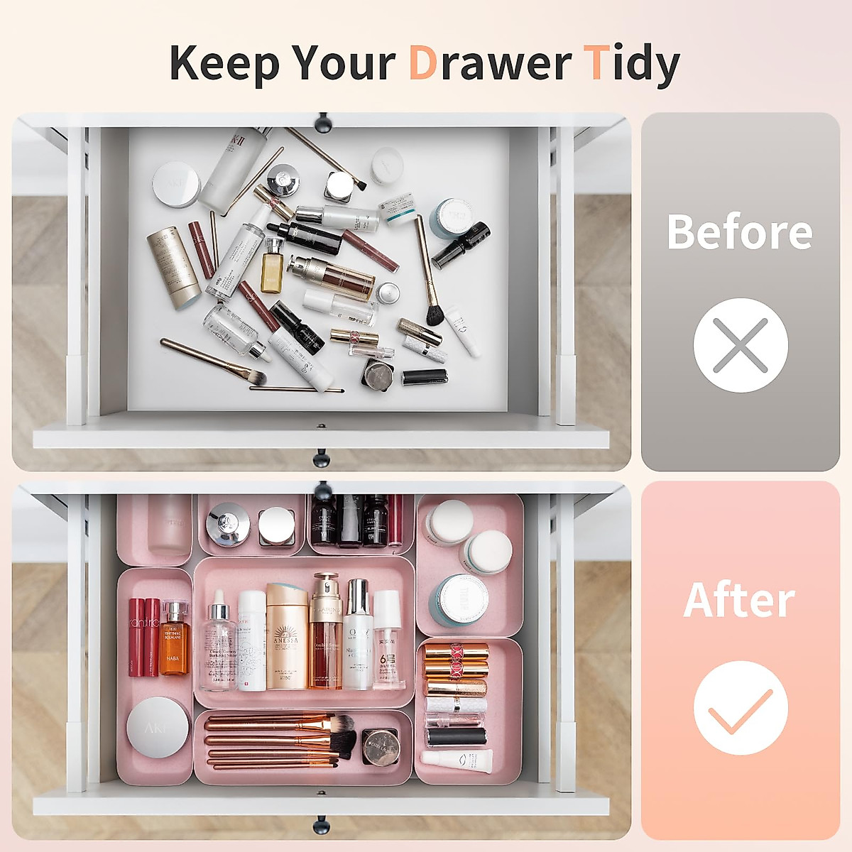 Joyask 14 PCS Desk Drawer Organizer Large Bathroom Drawer Organizers Pink Wheat Straw Vanity Organizers Trays for Drawers 3-Size Makeup Drawer Organizer Fits Makeup Bedroom Kitchen and Office