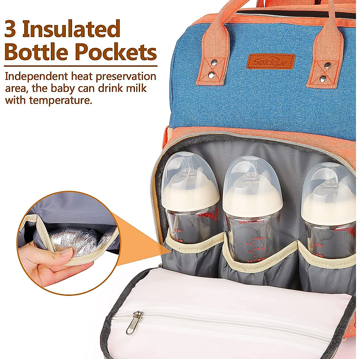 Soldow Diaper Bag Backpack, Multifunction Baby Bags,with Portable Changing Pad & USB Port, Stroller Straps & Pacifier Case,Large Capacity, Multipurpose Travel Backpack for Moms Dads