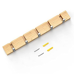 Anjuer Coat Hanger Wall Mounted Clothes Rack 5 Retractable Hooks Heavy Duty Clothes Hat Holder Bamboo Board Silver Hooks