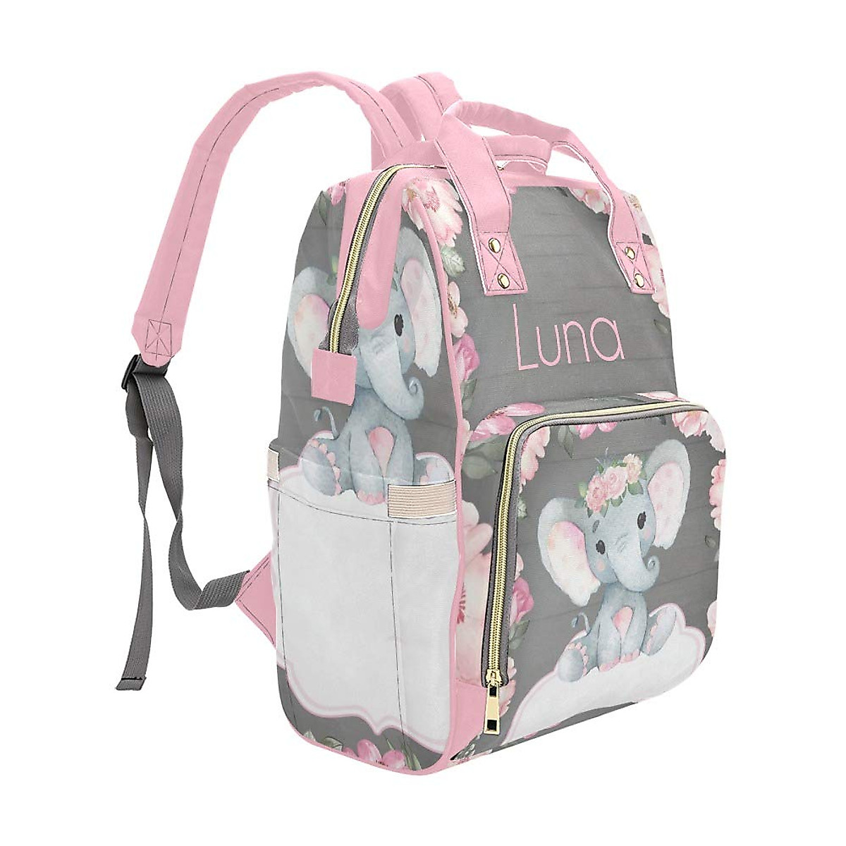 CUXWEOT Personalized Pink Rustic Elephant Diaper Bag Backpack Name Custom Mommy Baby Bags Travel Daypack for Mom Gifts