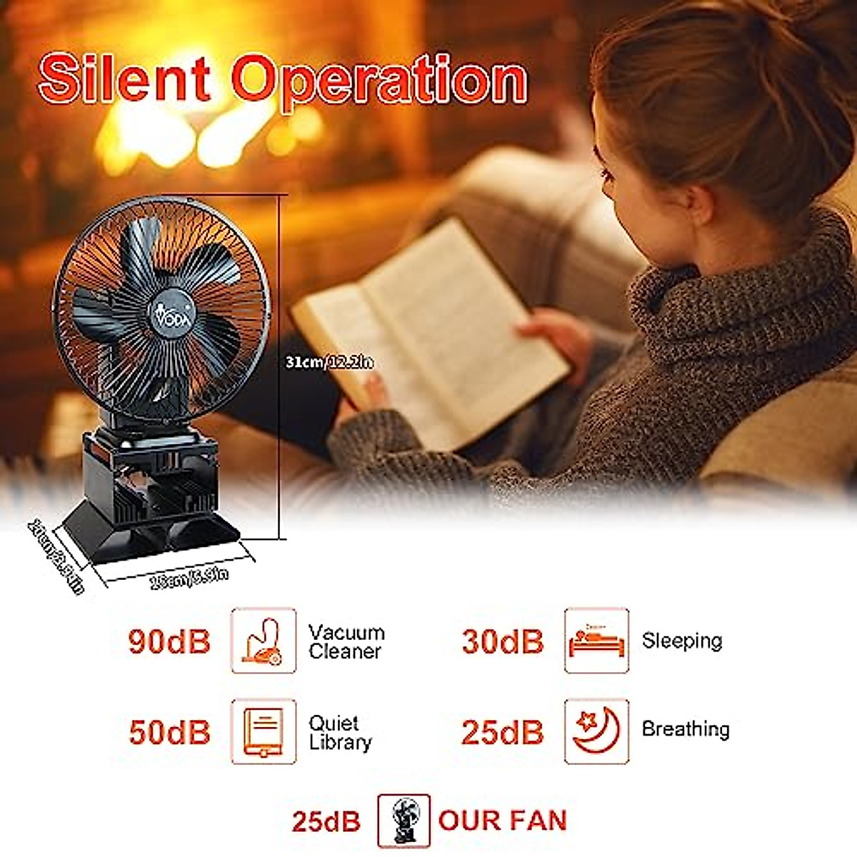 VODA Wood Stove Fan Heat Powered Fireplace Fans 5 Blades Newly Designed with 45°Adjustment Up and Down Manually and 45°Rotation Left and Right Stove Fans for Wood Burning Stoves