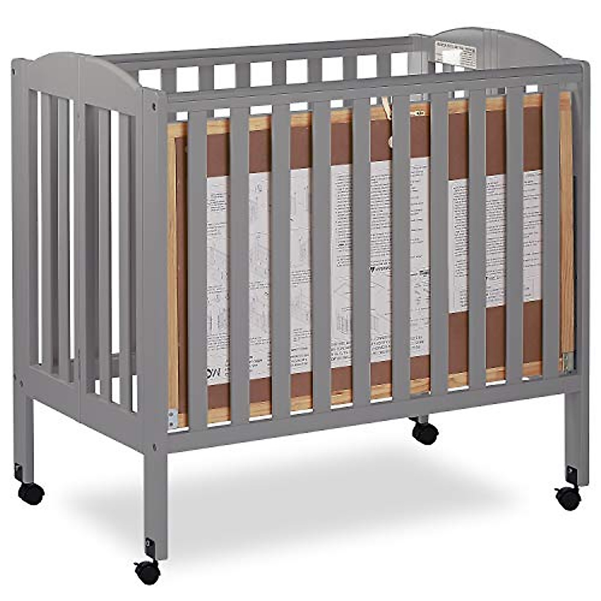 Dream On Me 3 in 1 Portable Folding Stationary Side Crib in Steel Grey, Greenguard Gold Certified, Safety Wheels with Locking Casters, Convertible, 3 Mattress Heights