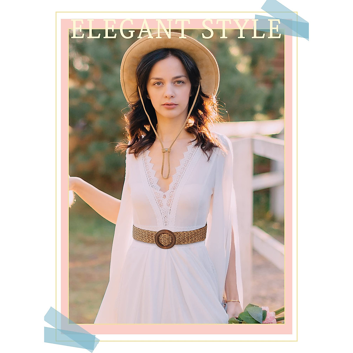 Geyoga 6 Pack Women Straw Belt Woven Elastic Stretch Waist Belt Skinny Braided Waist Belt Boho Rattan Belts with Wood Buckle Belts for Women Dress Belt, 2 Sizes