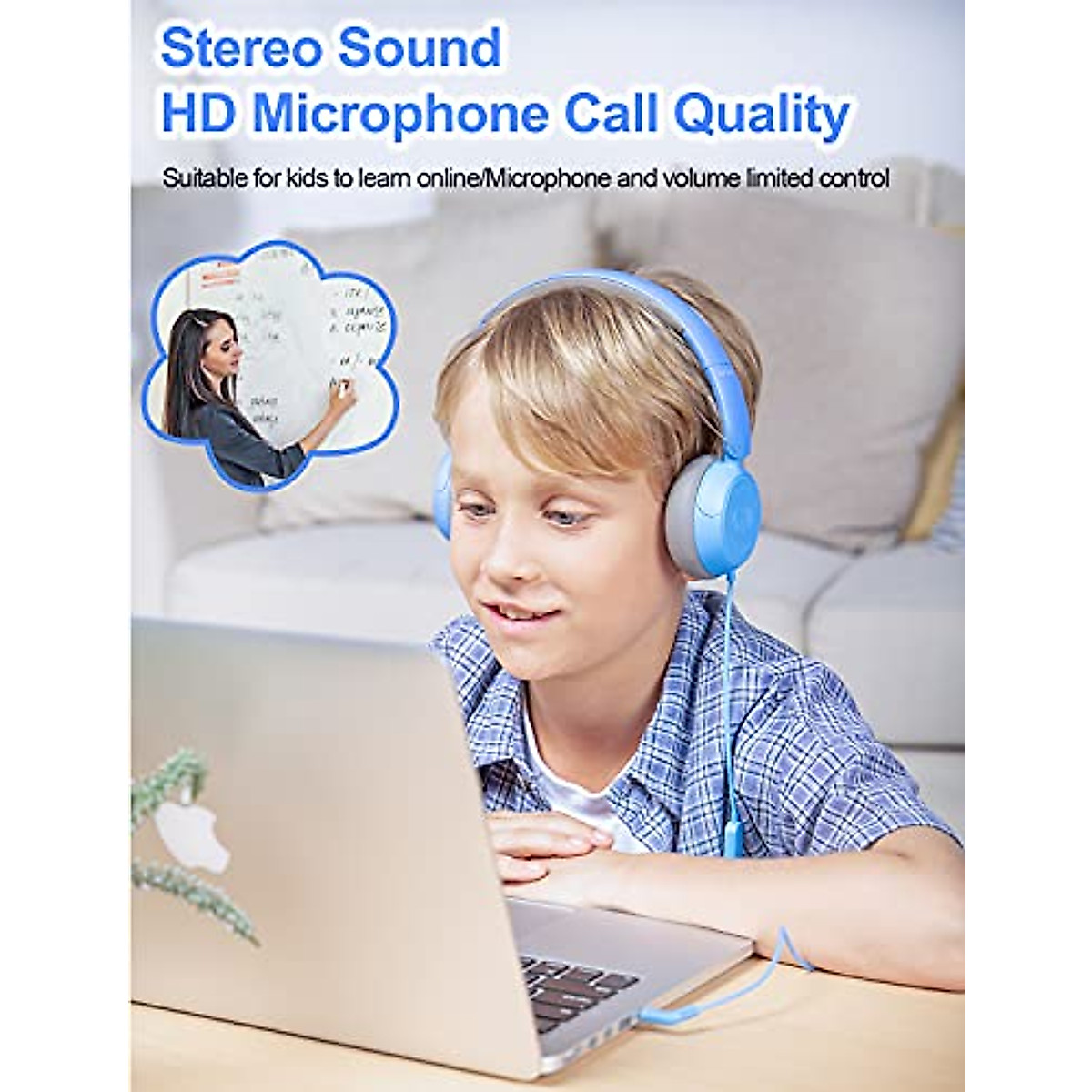 New bee Kids Headphones for School with Microphone HD Stereo Safe Volume Limited 85dB/94dB Foldable Lightweight On-Ear Headphone for Boys/PC/Mac/Android/Kindle/Tablet/Pad (Blue)