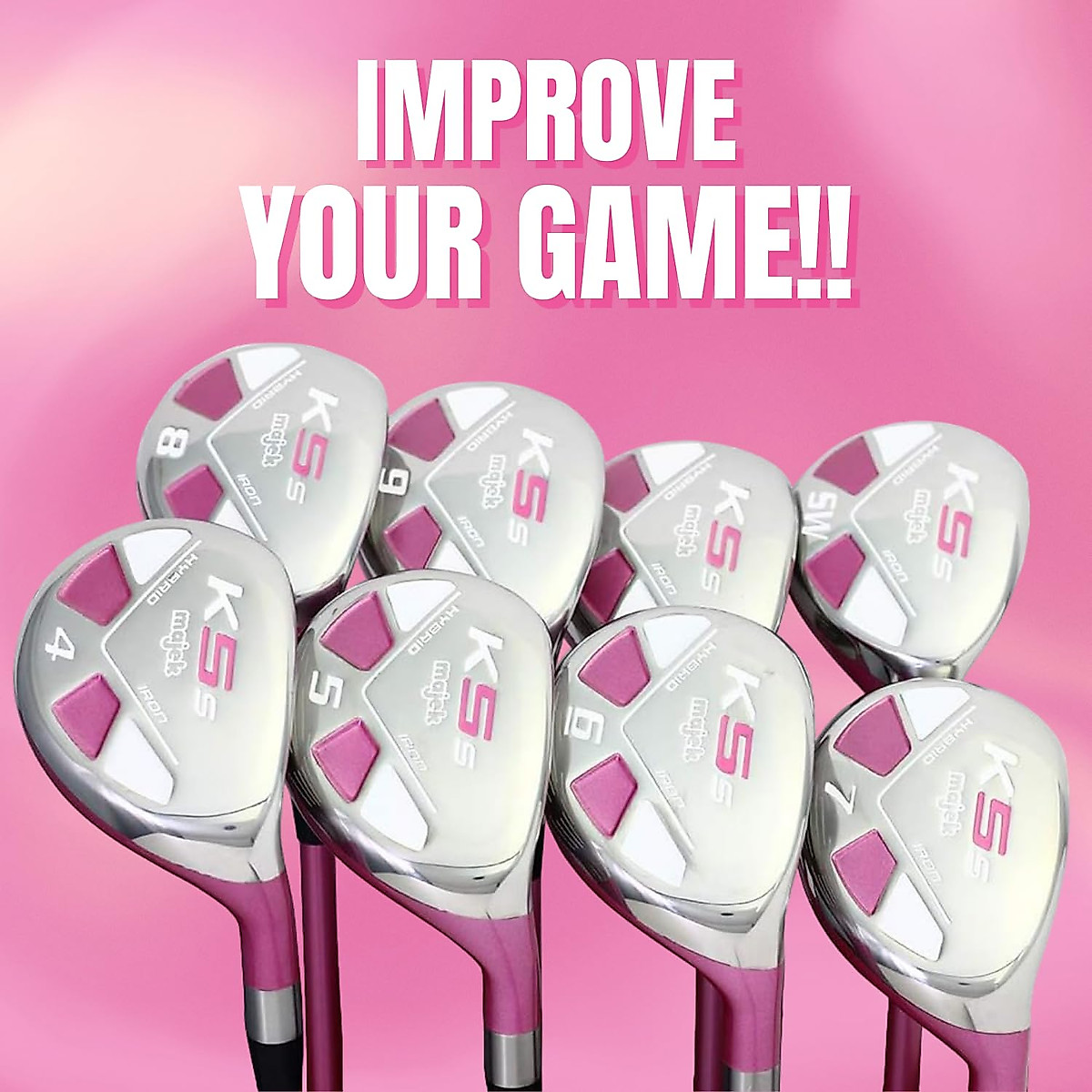 Majek Pink Senior Ladies Golf Hybrids Irons Set New Senior Women Best All True Hybrid Ultra Light Weight Forgiving Fuchsia Woman Complete Package Includes 4 5 6 7 8 9 PW SW All Lady Flex Utility Clubs