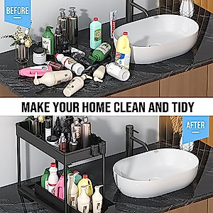 TMWHE Under Sink Storage Rack, Multifunctional Plastic Organizer, Slide-Out Design, 15.5"Lx8.5"Wx11.6"H, Black