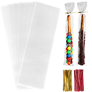 Pretzel Rod Bags, 2x10Inches 200PCs Pretzel Stick Bags, Pretzels Individual Bags with Ties