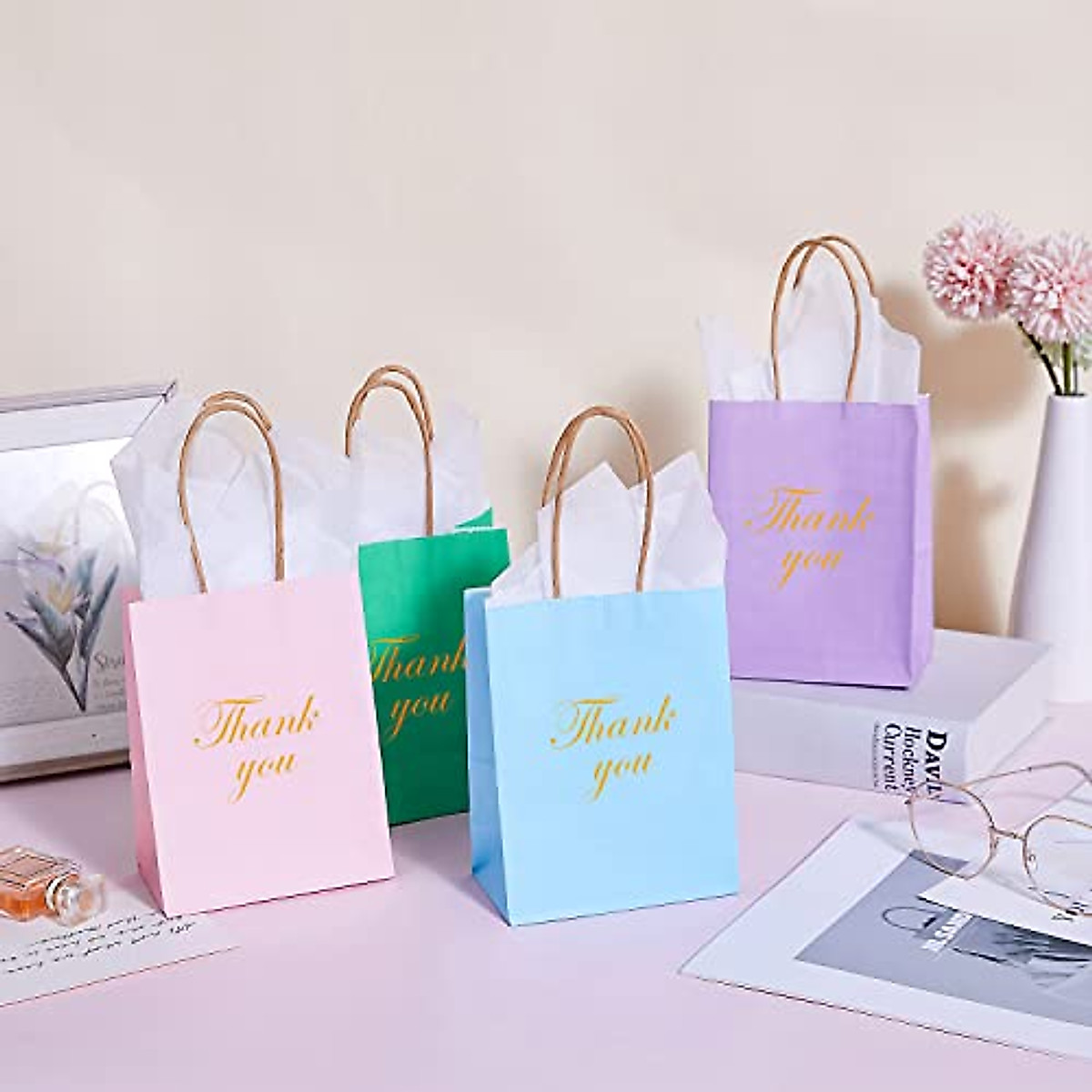 60 Pack Mini Small Pink Blue Green Purple Colored Paper Gift Bags with Handles for Birthday Wedding Baby Shower Party Favors, Shopping, Retail, Merchandise, 6.3x4.7x2.75 Inch ( 4 Colors Assorted)