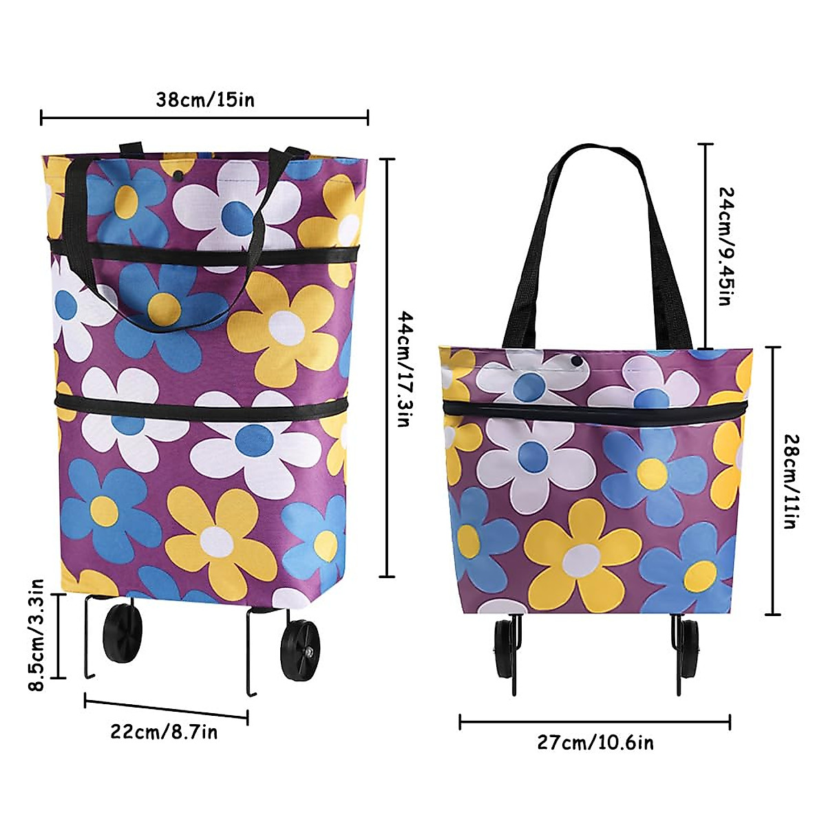 YASYU Folding Shopping Bag With Wheels, Purple Flower, Unisex Adult, Utility Cart Wagon