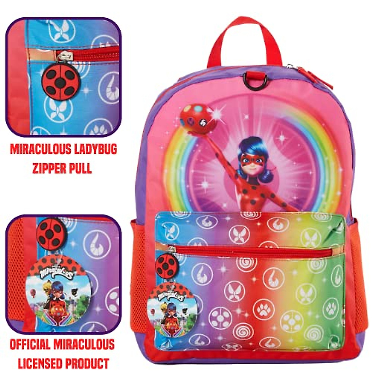 Miraculous Ladybug Backpack Set with Lunch Bag for Girls, 16 inch, 5 Piece Value Set, Rainbow