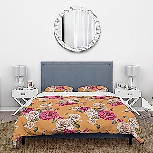 DESIGN ART Designart 'White and Red Roses On Mustard Background' Traditional Duvet Cover Set Twin