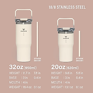 Alwdias Samsta Stainless Steel Tumbler with Handle and Straw | Leakproof Vacuum Insulated Water Bottle | Keep Cold 24H | Cup Holder Friendly Double Walled Travel Mug | 32 oz, White Cream