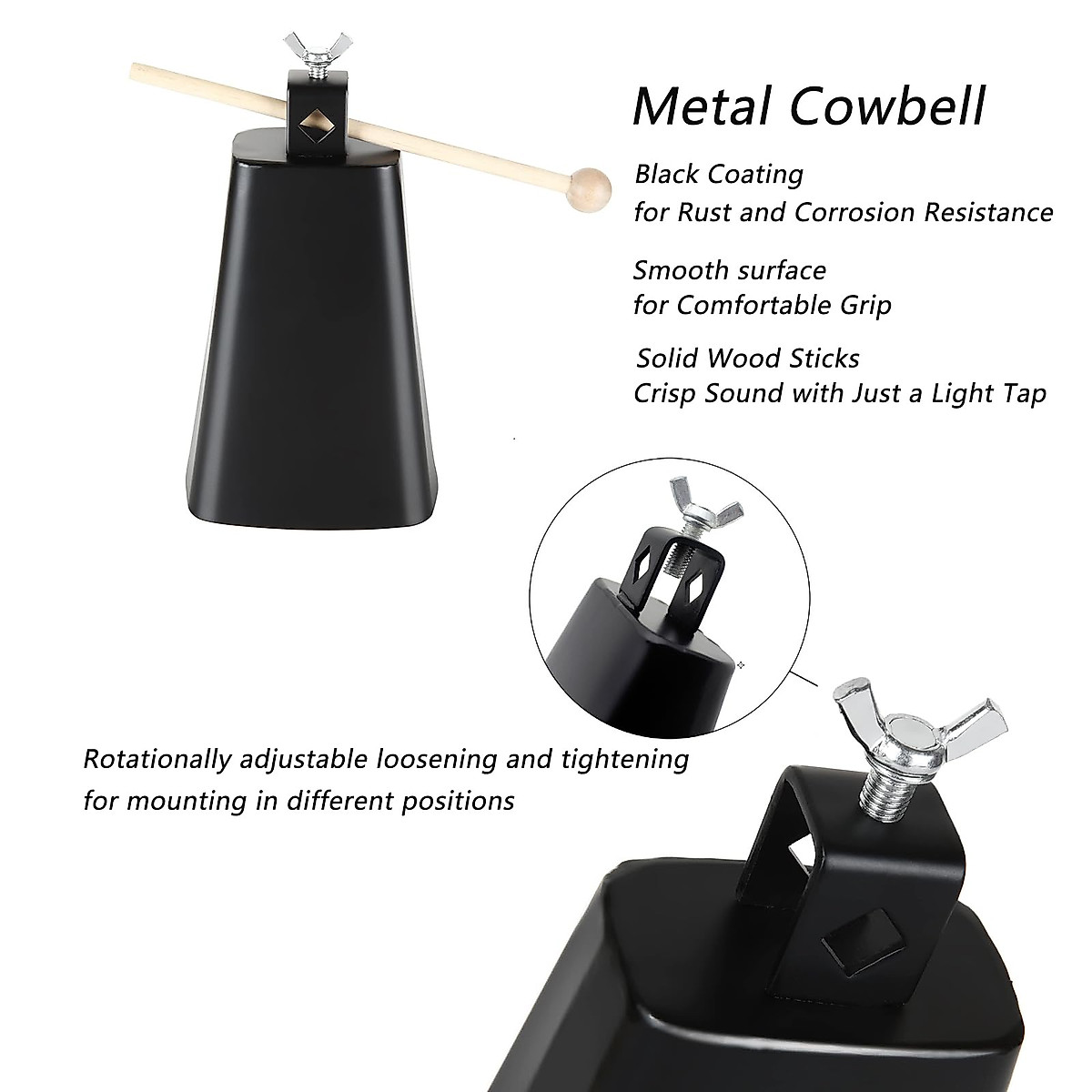 Acrux7 7 Inch Large Cow Bell Noise Makers, Metal Cowbell with Handle and Stick, Hand Percussion Music Cowbell for Sporting Events, Drum Set, Church, Weddings, Beautiful Clear Tapping Sound (Black)