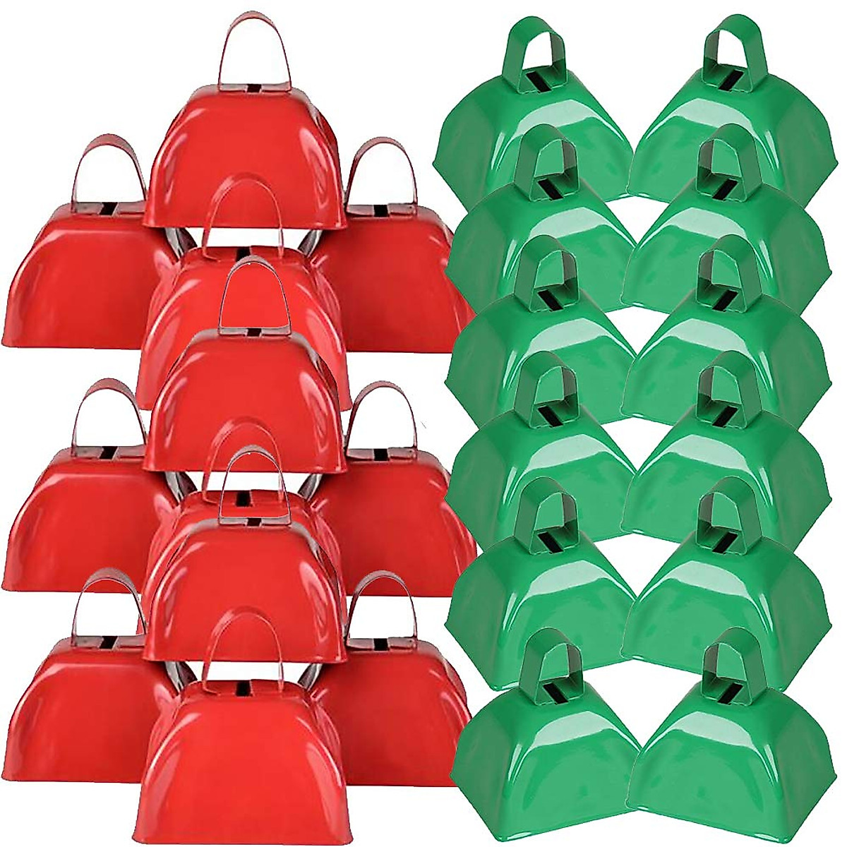 24 Holiday Cowbell Instruments - 12 Red and 12 Green Metal Cowbells with Handles For Christmas Photos, Parties - 3" Size