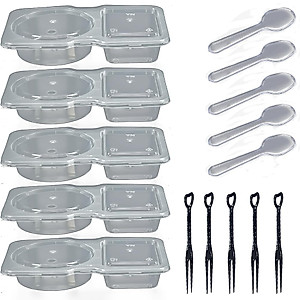 Dual Compartment Containerfor for Condiment, Dip, Sauce, Sampling and Travel Snacks，Portable Reusable Sauce Container，5Pcs Double Compartment Condiment Containers with Lids