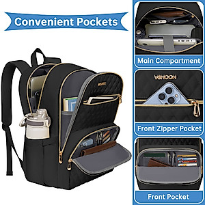 VSNOON Laptop Backpack Women, 15.6 Inch College School Bookbag, Water Resistant Travel Work Backpack with USB Charging Port, Large Capacity Teacher Nurse Bags Casual Daypacks for School College, Black