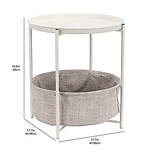 Amazon Basics Round Storage End Table, Side Table with Cloth Basket, White/Heather Gray, 18 in x 18 in x 19 in