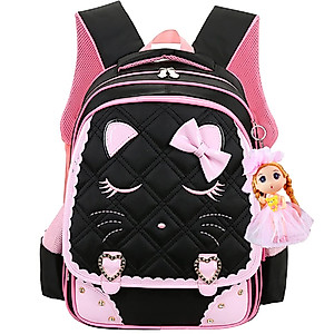 Cat Face Girls Backpack Kids School Bookbag for Primary Students Black