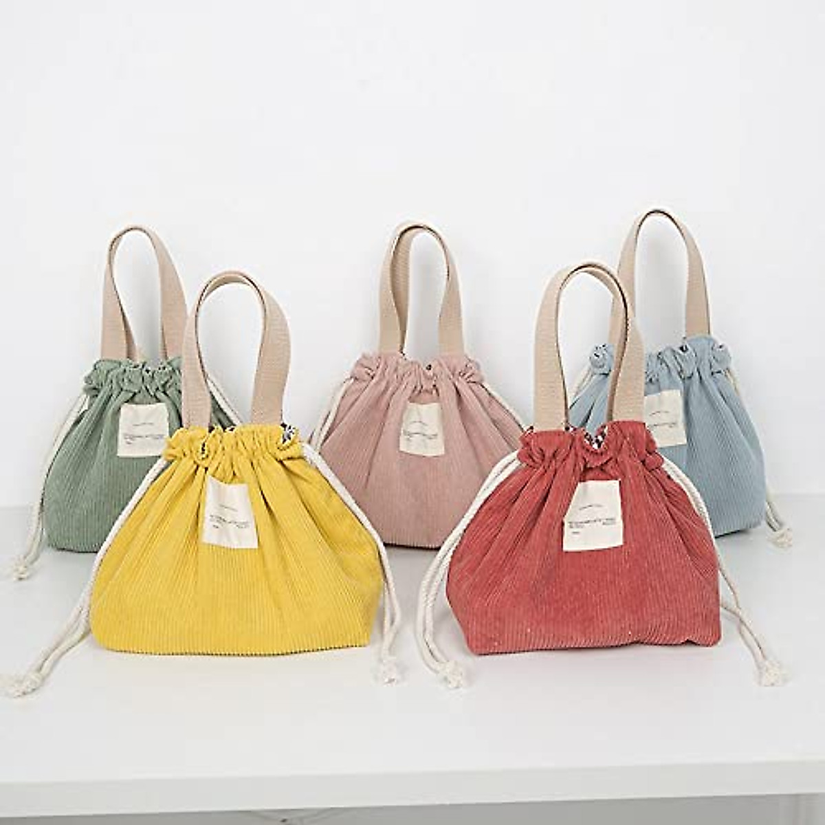 Outdoor Picnic Drawstring Picnic Tote Corduroy Canvas Dinner Container Cute Food Storage Bags Lunch Bag(Green)