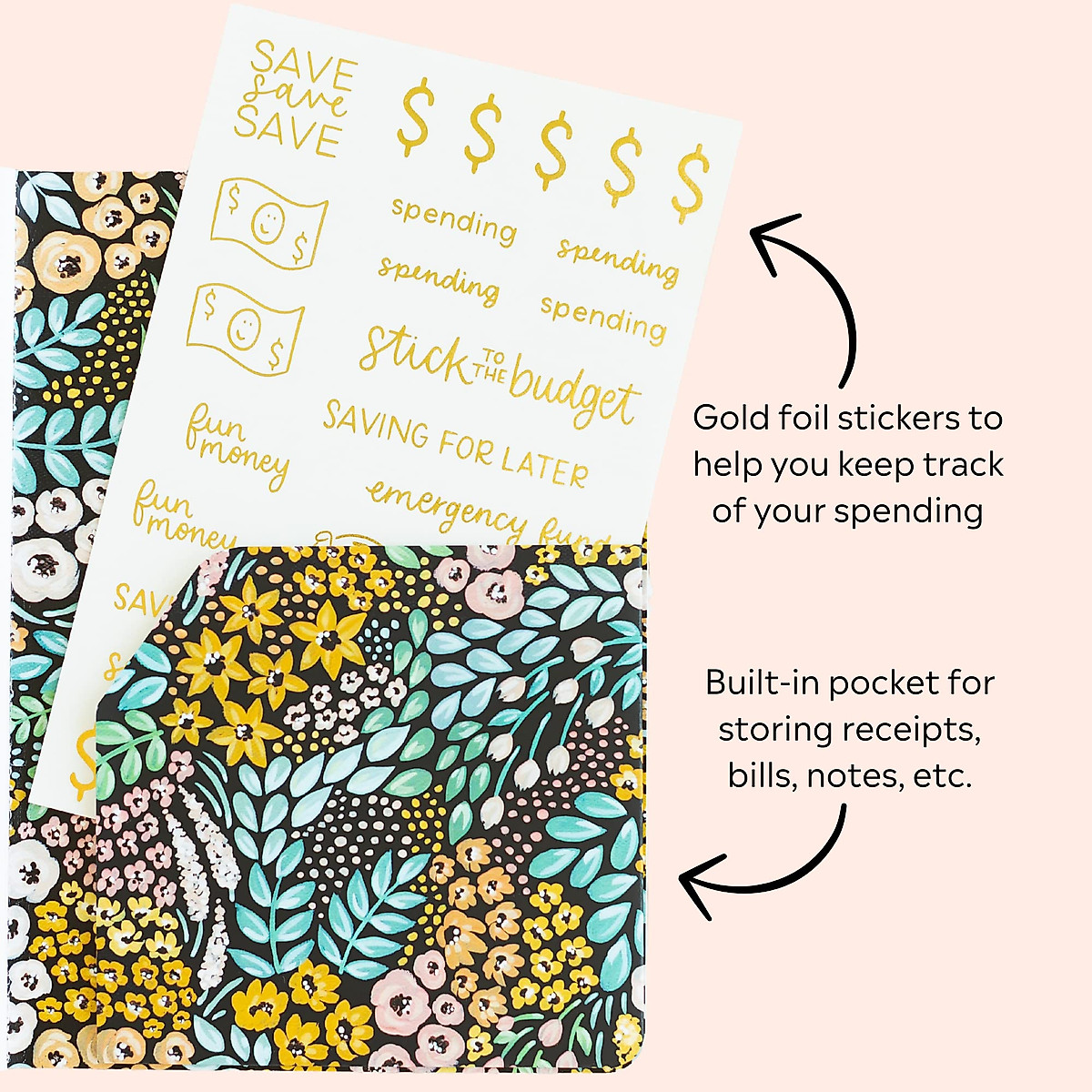Elyse Breanne Design Budget Planner • Undated monthly finance organizer with daily expense tracker • Includes sticker sheet and built-in pocket for organizing bills and receipts