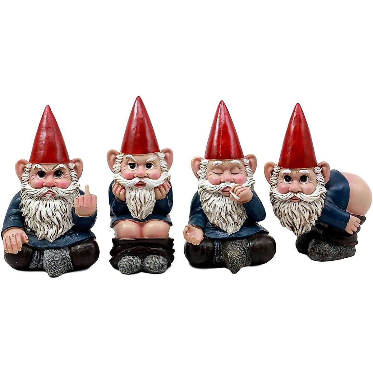 Ebros 4" Tall Badass Naughty Magical Gnome Mooning Figurines Collectible Set of 4 Whimsical Dwarf Gnomes Dwarves Fairy Garden Accessory Decors
