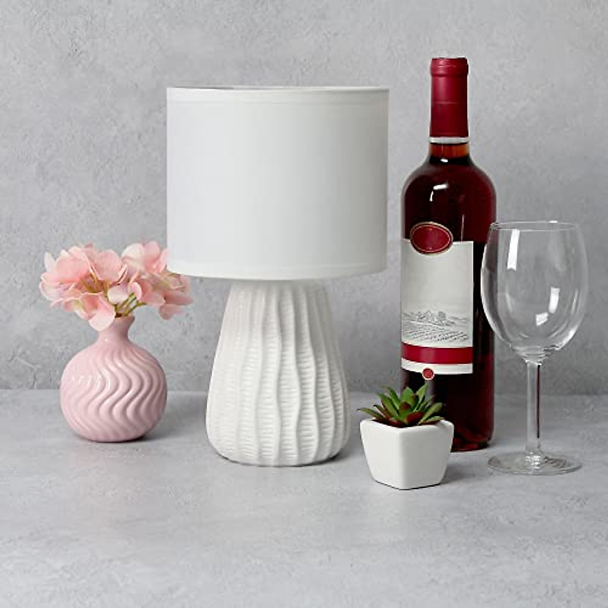 Simple Designs LT1138-OFF 11.02" Traditional Mini Modern Ceramic Texture Pastel Accent Bedside Table Desk Lamp w Matching Fabric Shade for Decor,Bedroom, Nightstand, Living Room, Entryway, Off White