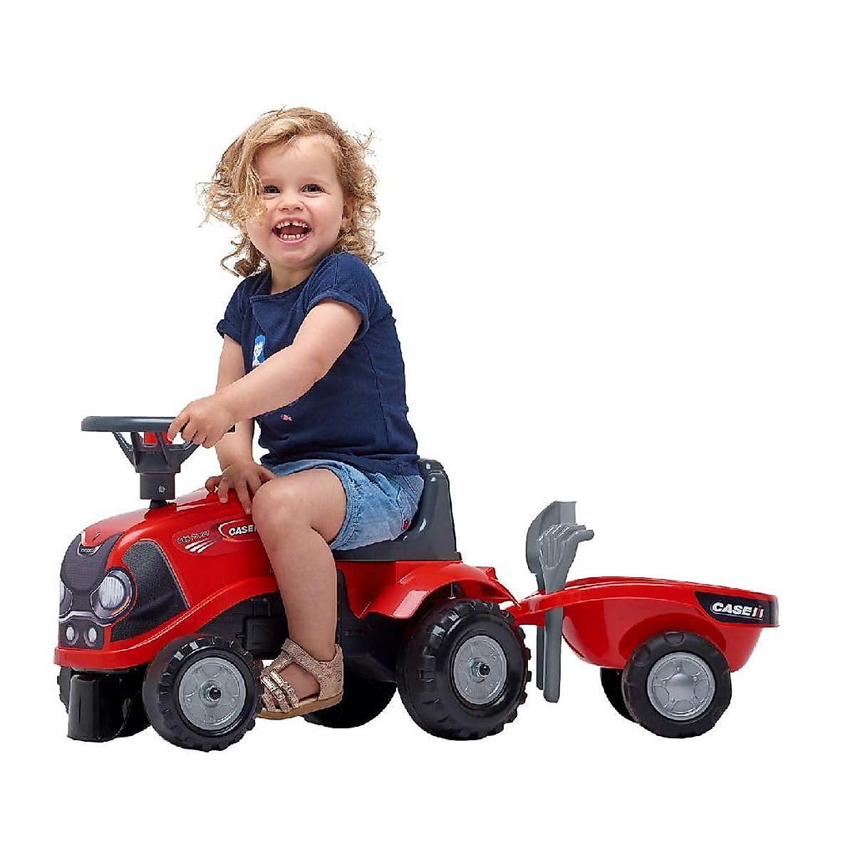 Falk Case IH Tractor with Trailer, Rake and Shovel, Rake and Shovel, 2 Sets of Stickers, Push Ride-On Toy for Toddlers +1 Year FA238C
