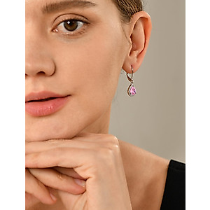 YL Women's Dangle Drop Earrings Sterling Silver Solitaire Leverback Earrings Halo Teardrop Created Pink Tourmaline Jewelry Gifts