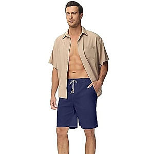 HORSSLE Men's Linen Shorts Casual Elastic Waist Drawstring Summer Beach Shorts Classic Fit Navy Blue
