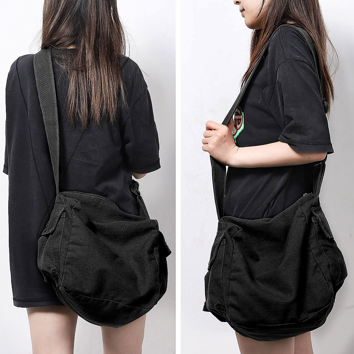 WantGor Canvas Crossbody Bag for Women Men, Large Shoulder Tote Bag Work Handbag Casual Hobo Bags (Black)