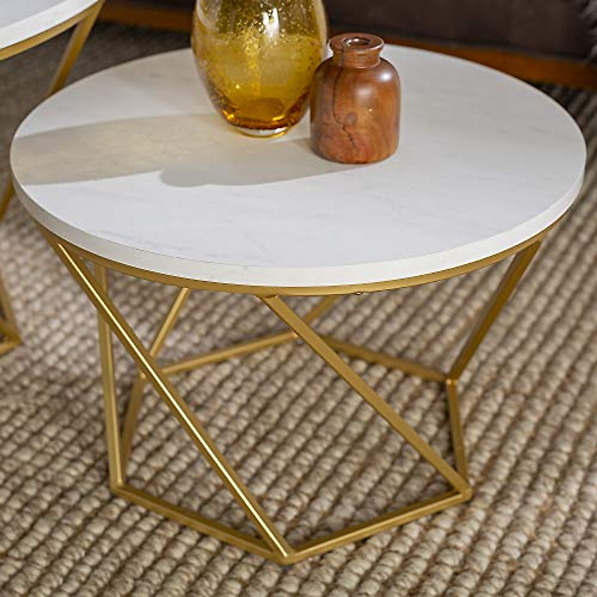 Walker Edison Modern Round Nesting Coffee Table Living Room Accent Ottoman Storage Shelf, Set Of 2, Marble and Gold
