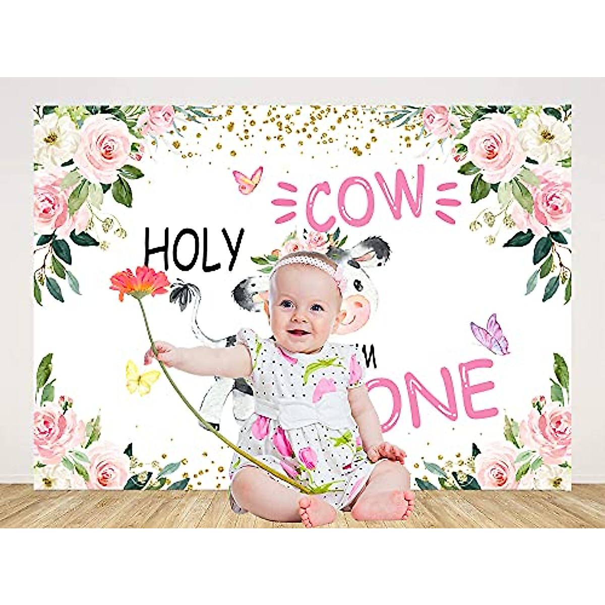 Ticuenicoa 5x3ft Holy Cow I'm One 1st Birthday Backdrop for Girls Baby Shower Photography Background Pink and Gold Floral Animals Bday Backdrops for Party Newborn Kids Supplies Photobooth Props…