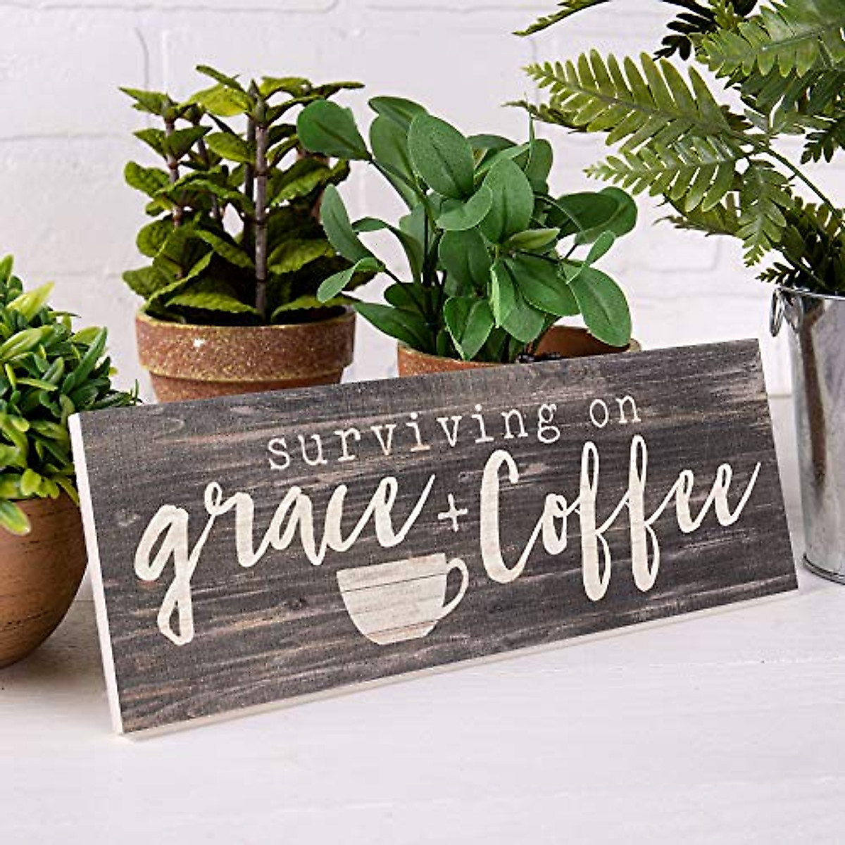 P. Graham Dunn Surviving on Grace Coffee Rustic Grey 10 x 3.38 Inch Wood Slat Easelback Tabletop Sign
