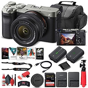 Sony Alpha a7C Mirrorless Digital Camera with 28-60mm Lens (Silver) (ILCE7CL/S) + 64GB Memory Card + NP-FZ-100 Battery + Corel Photo Software + Case + External Charger + Card Reader + More (Renewed)