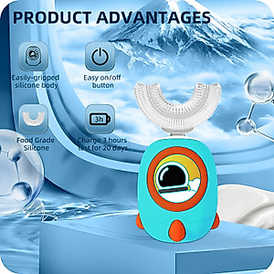 AUITRONCARE Ultrasonic Kids U Shaped Electric Toothbrush, Rechargeable Toddler toothbrushes with 4 Brush Heads, Smart Timer IPX7 Waterproof (Ages 2-12) (Hollow-Blue)