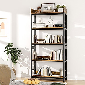 Aquzee Bookshelf, 66" H 5-Tiers Heavy Duty Industrial Shelving Wood & Metal Bookcase, Rustic and Black Tall Shelf Units for Home, Office, Living Room
