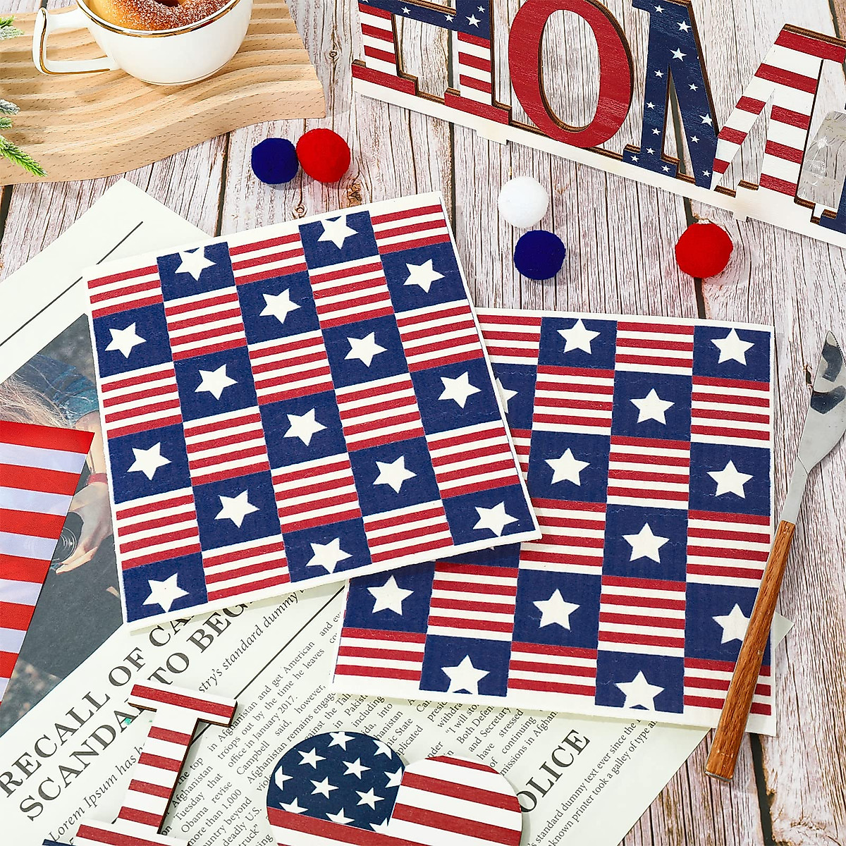 AnyDesign American Flag Swedish Dishcloth Stars Stripes 4th of July Kitchen Towels Reusable Washable Cotton Dish Towels for Independence Day Home Party Cleaning, 7 x 8, 4 Pack