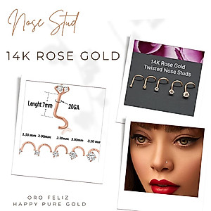 14K Solid Rose Gold, Twisted Bar Nose Stud, Diamond Nose Stud, Micro Nose, Screw Nose Stud, Body Jewelry Rose Gold (1.50 ml Cubic Zircon)