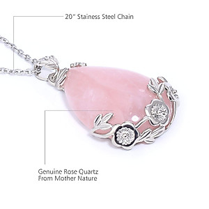 KISSPAT Natural Teardrop Rose Quartz Pendant Necklace on 20" Stainless Steel Chain