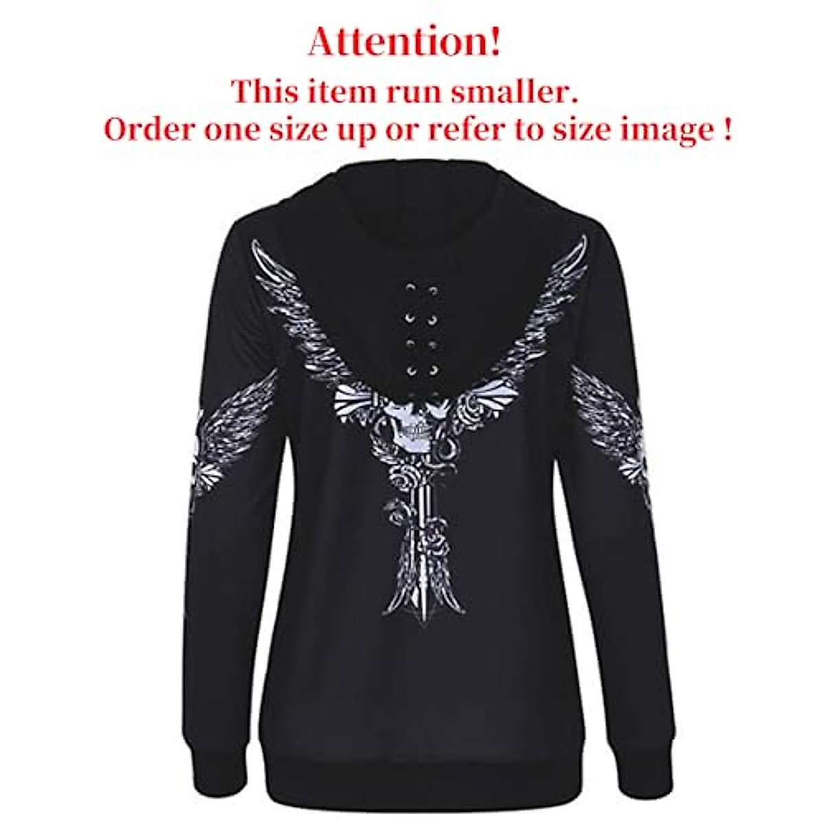TOMETO STAR Women Causal Zipper Hoodie Skull Wings Print Hooded Jacket Coat Loose Sweatshirt Plus Size Black