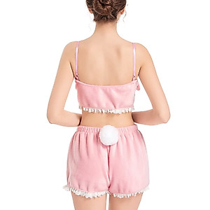 Landofgenie Cozy Womens Pajamas Tank Top and Shorts Set Fuzzy Lounge Set Women Cosplay Lingerie Pink Bunny XL
