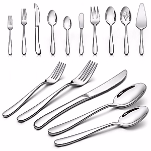 LIANYU 45-Piece Heavy Duty Silverware Set with Serving Utensils, Stainless Steel Flatware Set for 8, Thick Cutlery Eating Utensils Include Fork Knife Spoon, Mirror Finished, Dishwasher Safe