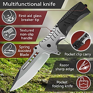 Grand Way Pocket Knife - Folding Knives - Military EDC USMC Jack Knifes - Best Camping Hunting Fishing Hiking Survival Knofe - Travel Accessories Gear - Pocket Knife Gifts for Men
